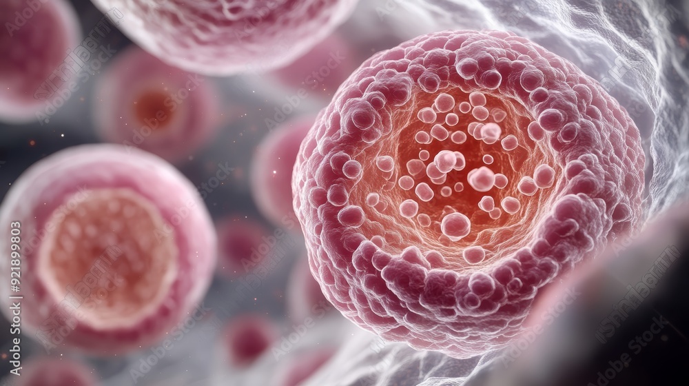 Microscopic view of cells dividing and multiplying. A close-up shot of ...