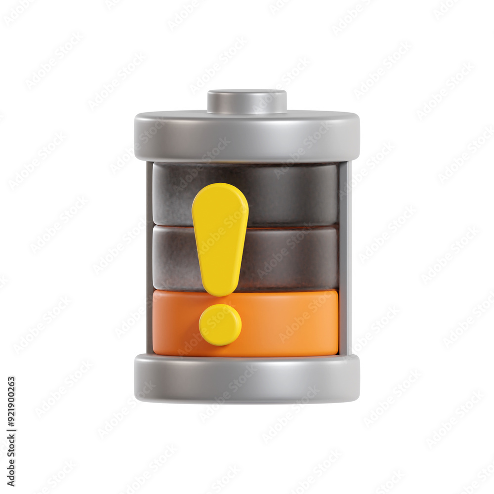 3D Render of a Low Battery Icon with Exclamation Mark. Cartoon Style ...