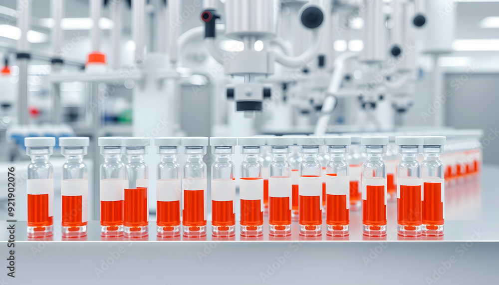 Drug manufacturing process. Line with medical ampoules line at a modern ...