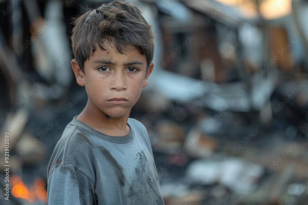 Homeless poor sad child kid in city park ruined town forest lawn all ...