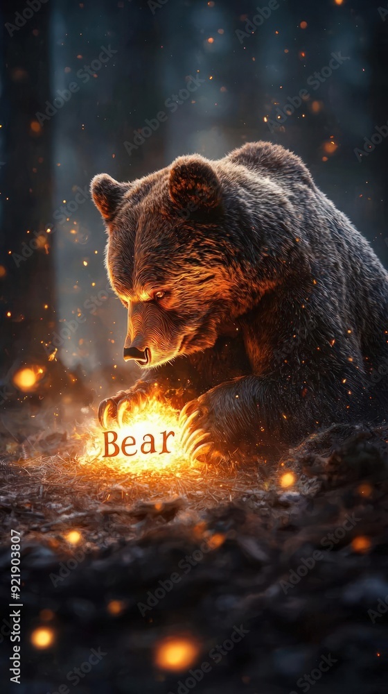 Druid bear with runes on its fur, the word "Bear" in ancient symbols ...