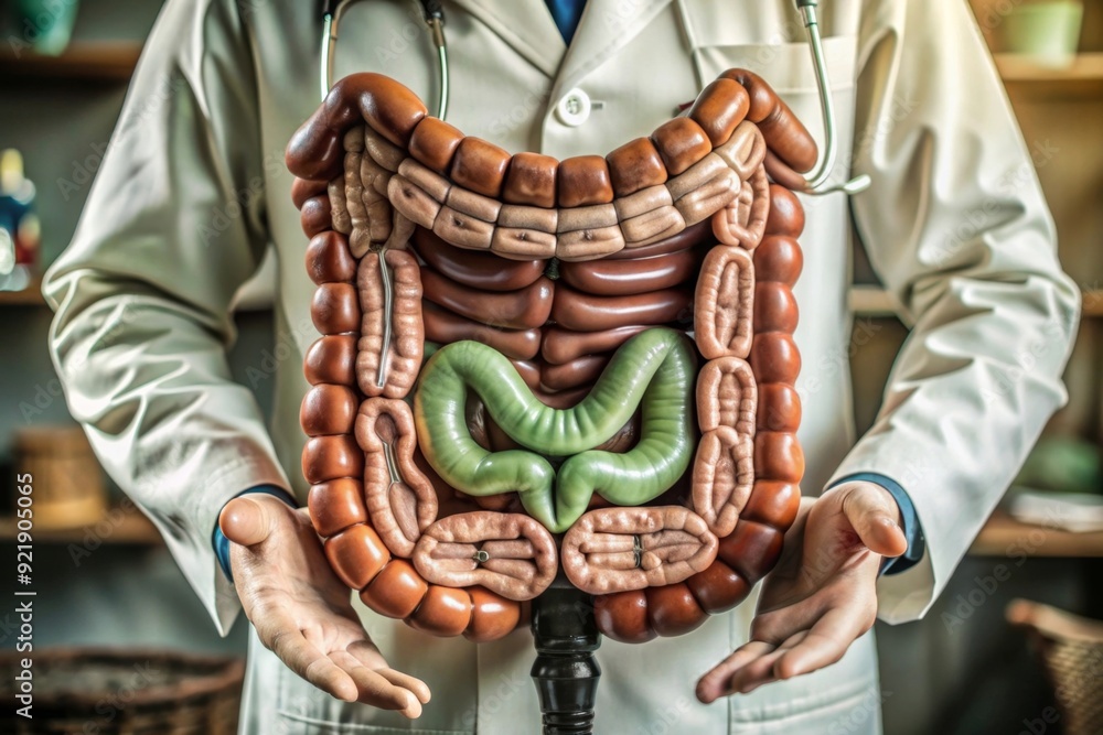 Doctor with human Colon anatomy model. Colonic disease, Large Intestine ...