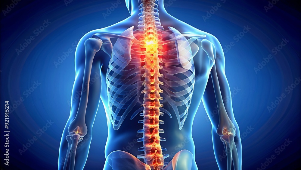 A 3D illustration of the human spine showing herniated discs with ...