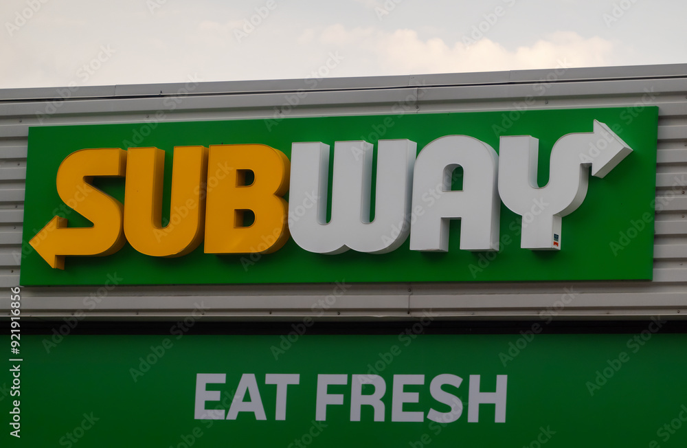 Calgary, Alberta, Canada. Aug 13, 2024. A Subway restaurant sign with ...