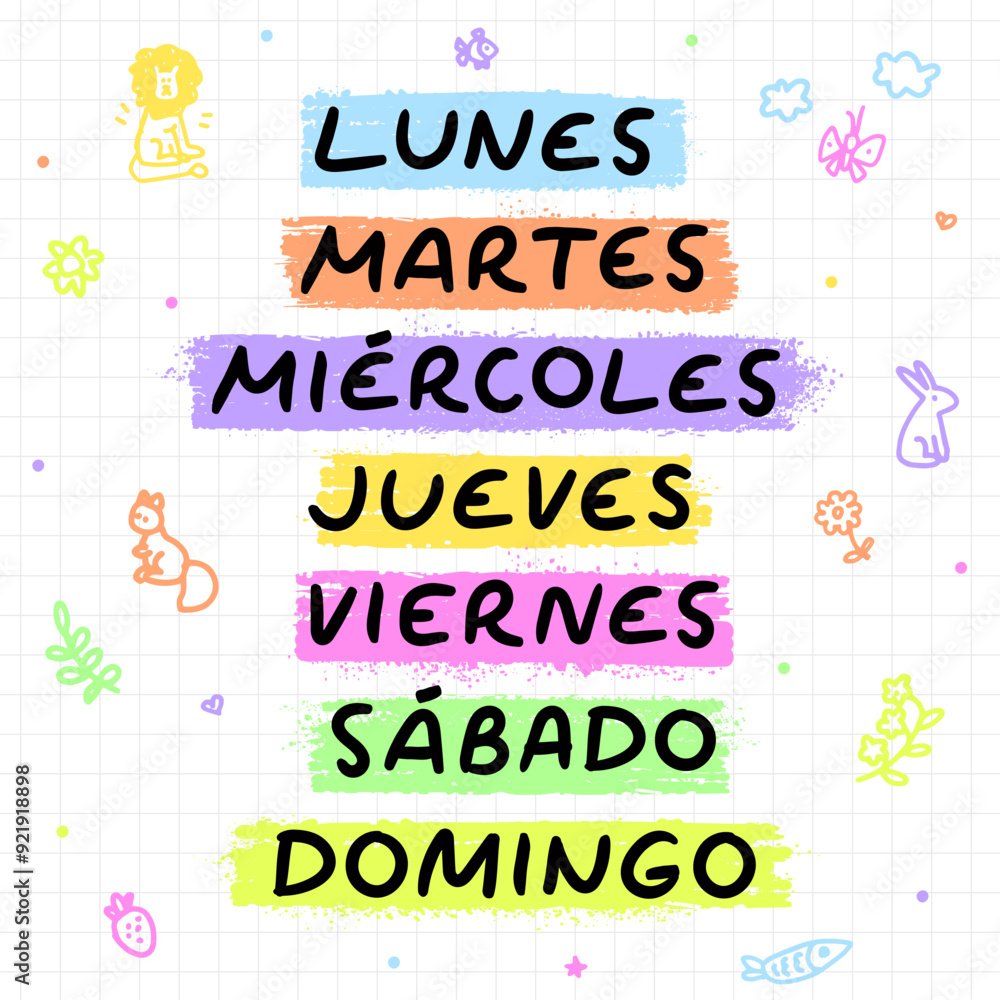 Handwritten names of the days of the week in Spanish. Monday, tuesday ...