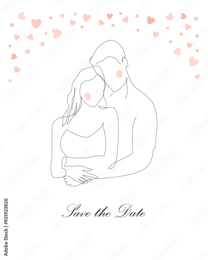 Svae the date card design. Continuous single line sketch drawing of ...