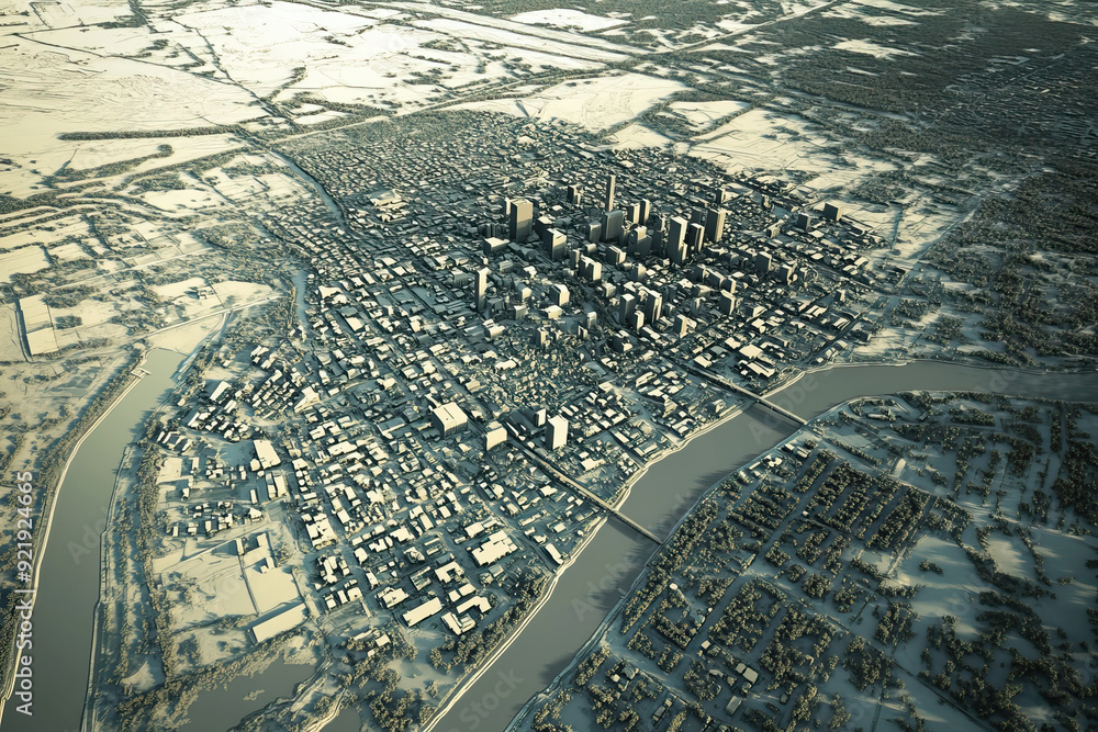 Technical aerial visual, 3D LiDAR GIS aerial map satellite scan model ...