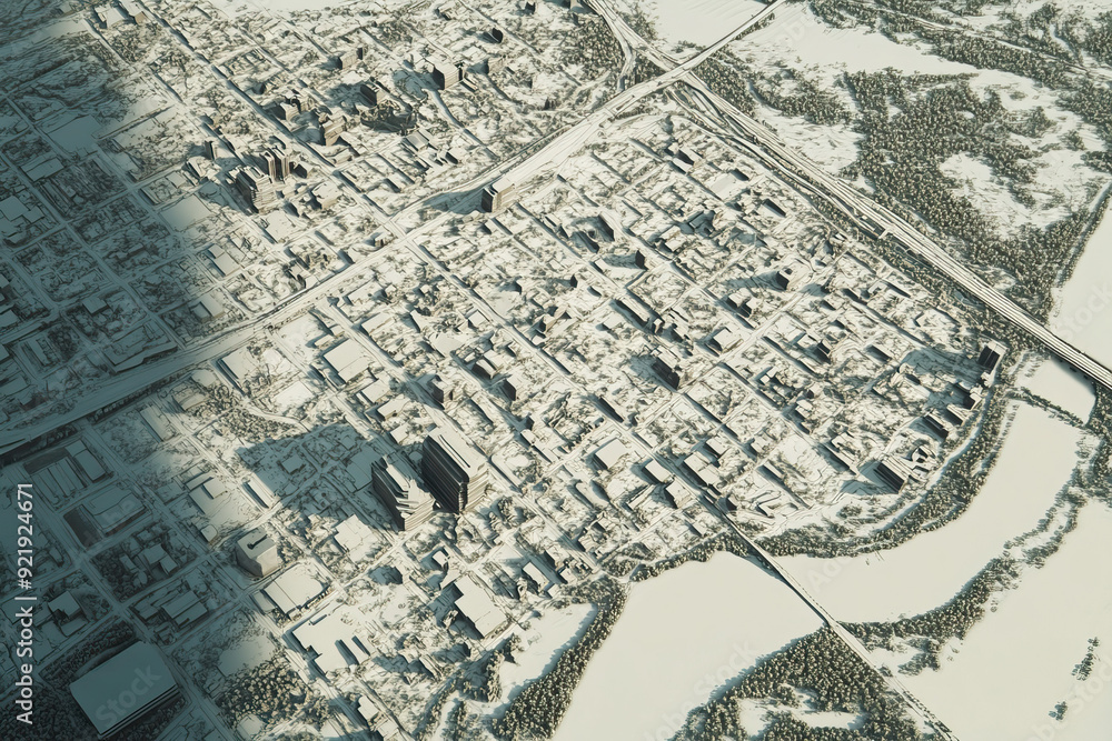 Technical aerial visual, 3D LiDAR GIS aerial map satellite scan model ...