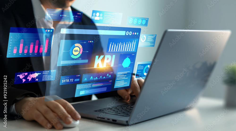 Businessman using KPI dashboard.Management data System KPI connected in ...