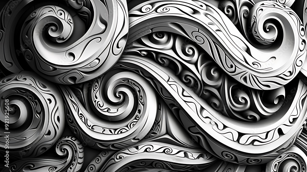 A detailed rendering of traditional Maori patterns in black and white ...