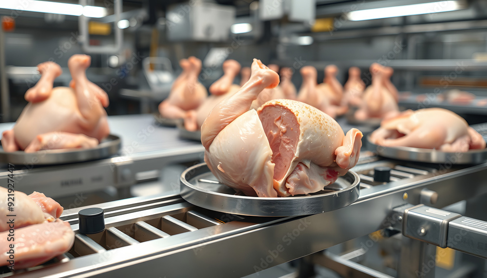 Real shot of food cutting in chicken factory assembly line on rail ...