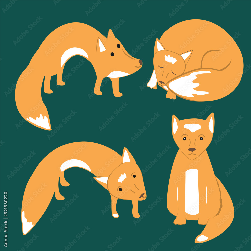 Cute baby red fox cartoon vector illustration set. Fox in various poses ...