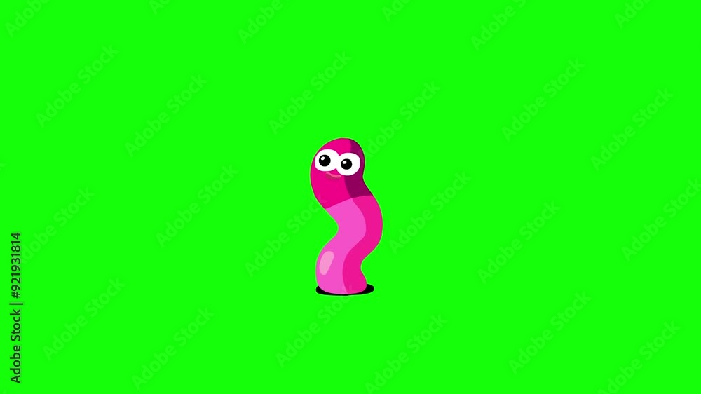 Pink worm cartoon animation green screen background. Peek-a-boo! I am ...