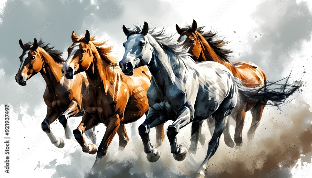 Five running horses showed their strength and speed in the splash scene ...