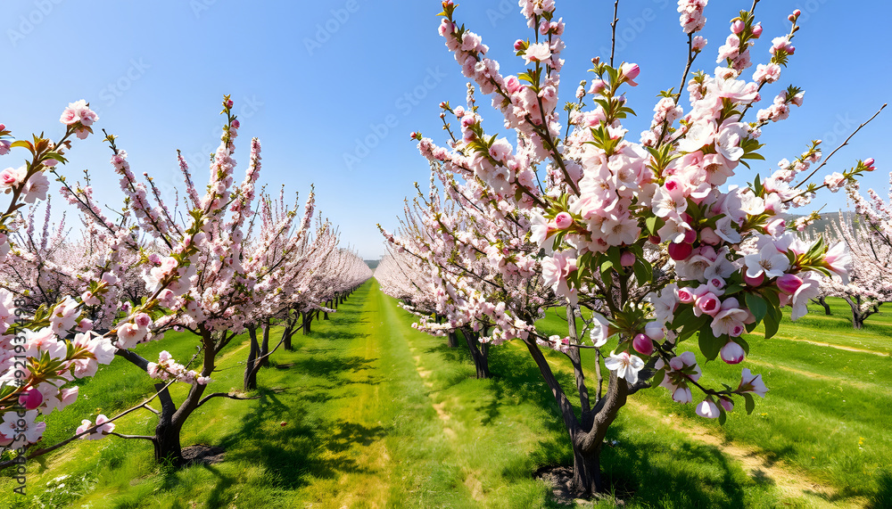 Peach orchard with flowering pink blossoms on trees. Aerial lateral ...