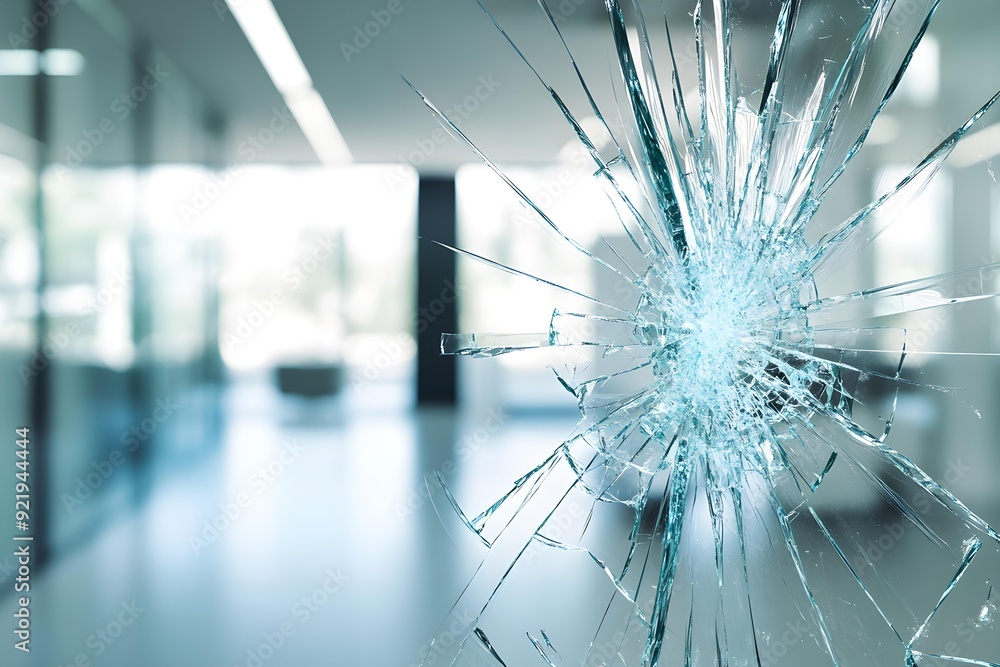 Shattered glass window with a central impact point and dispersed glass ...