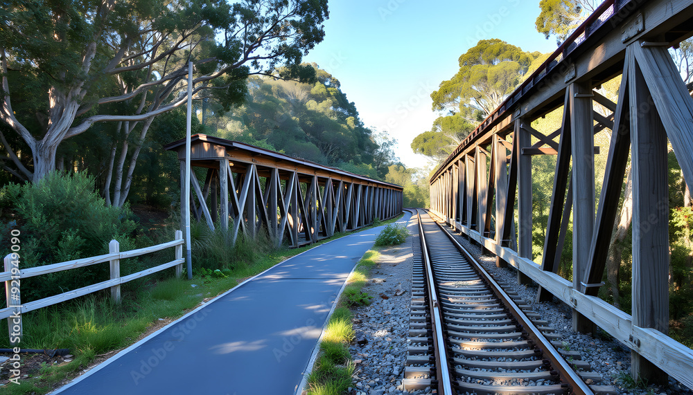 Foto de Old wooden rail bridge next to a new cycle path part of the ...