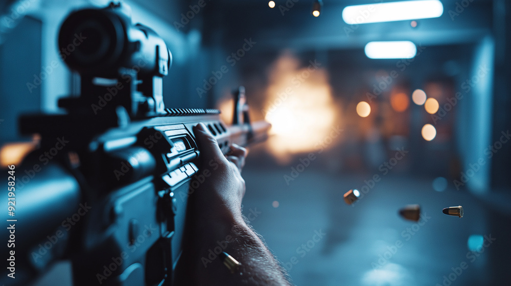 Person firing a rifle with a visible muzzle flash in an indoor shooting ...