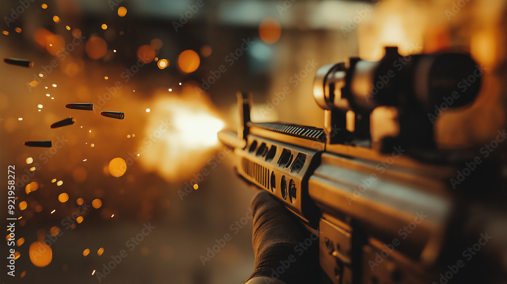 Person firing a rifle with a visible muzzle flash in an indoor shooting ...
