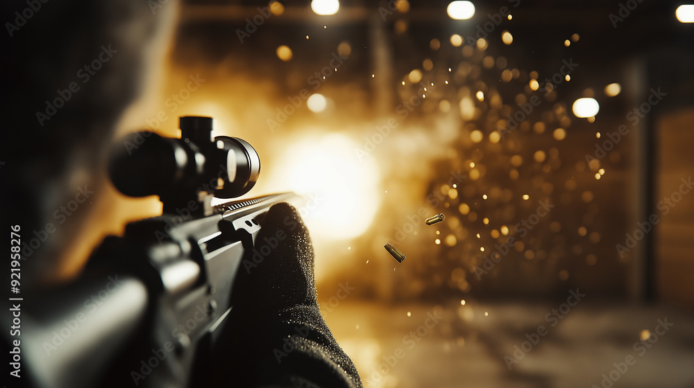 Person firing a rifle with a visible muzzle flash in an indoor shooting ...