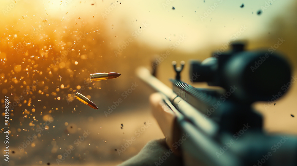 Person firing a rifle with a visible muzzle flash in an indoor shooting ...