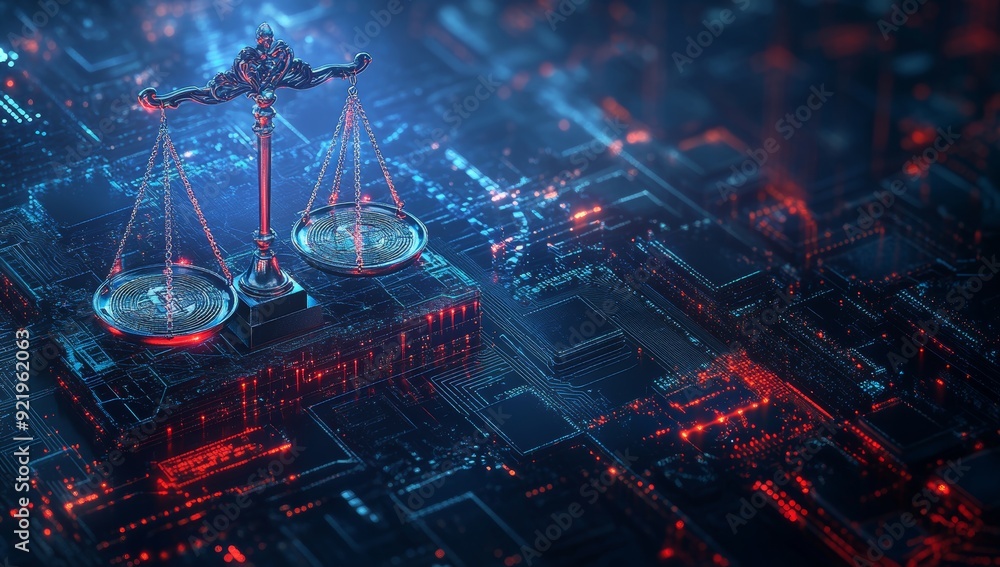 Data center background with judicial scales. Image depicting the ...