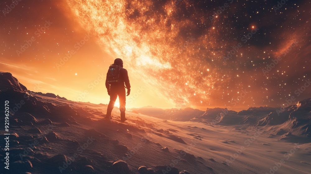Space explorer standing on an alien planet, gazing at a vibrant galaxy ...
