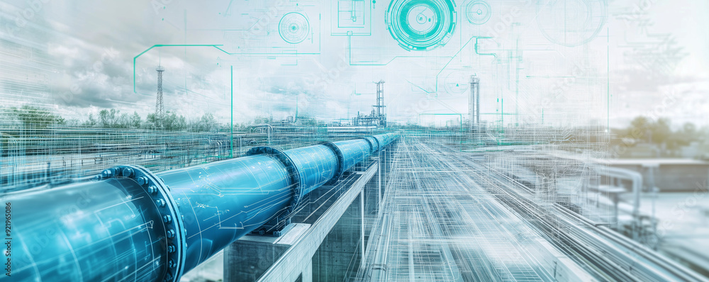 A large industrial pipeline is depicted with a digital engineering ...