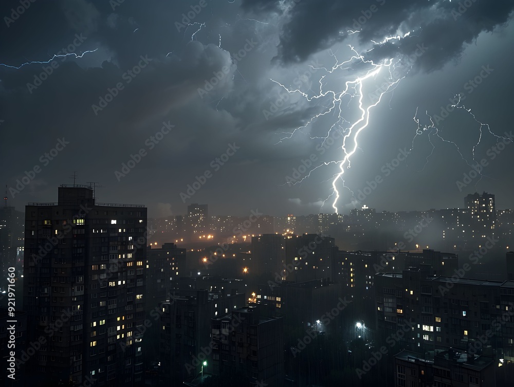 Lightning strikes over a city skyline during a thunderstorm at night ...