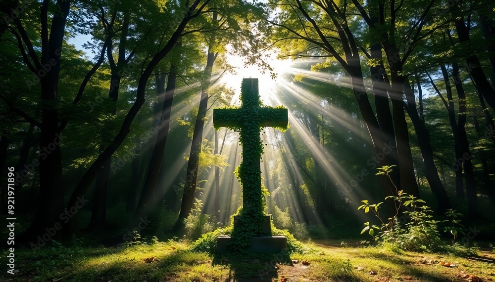 Cross in the forest with sun rays coming through the branches of trees ...
