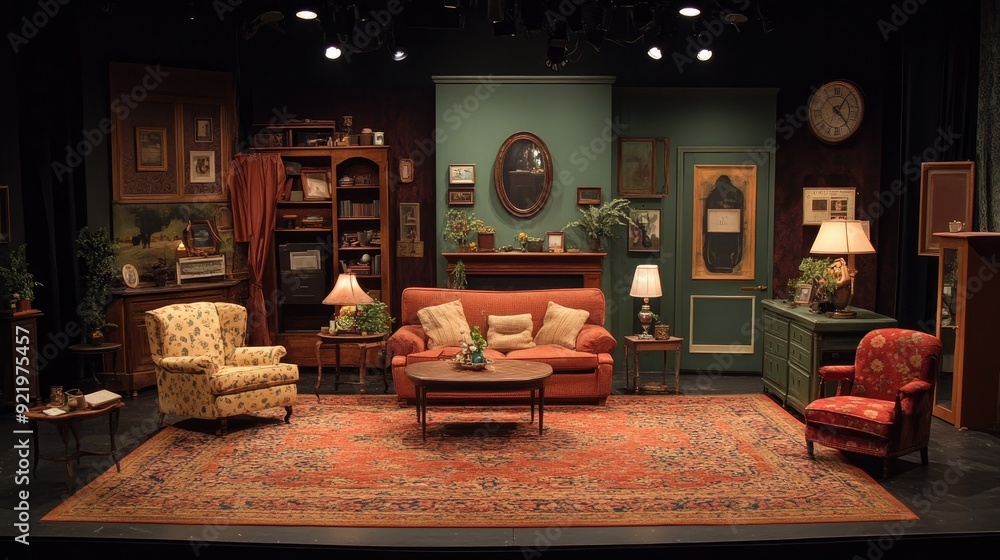 A theater stage set with a vintage living room scene, complete with ...