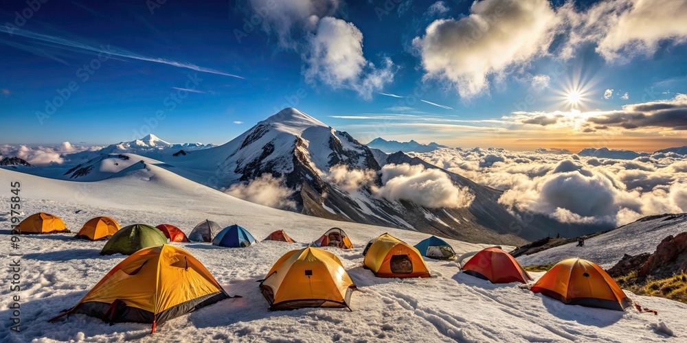 Base camp set up for climbers attempting to summit Elbrus in the ...