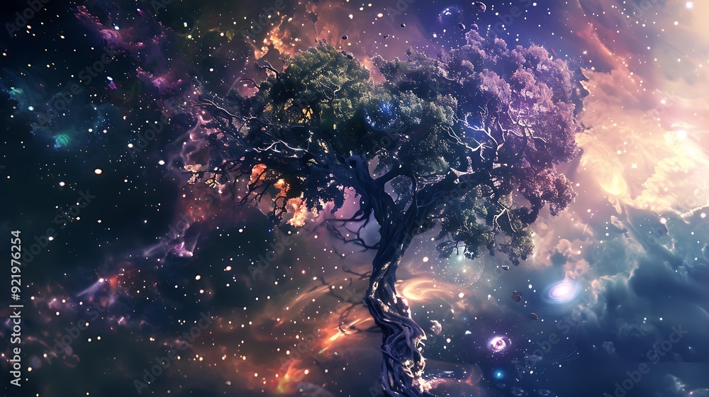 Cosmic Tree A surreal illustration of a tree reaching towards the stars ...