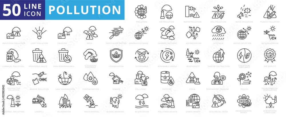 Pollution icon set with air, water, soil, noise, plastic, industrial ...