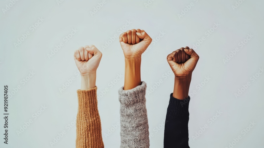 Hands raised with clenched fists, isolated on a light background ...