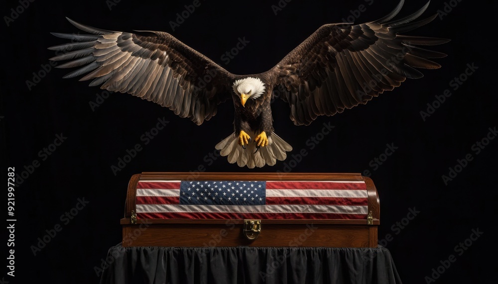 Bald eagle soaring above wooden casket draped in American flag during ...