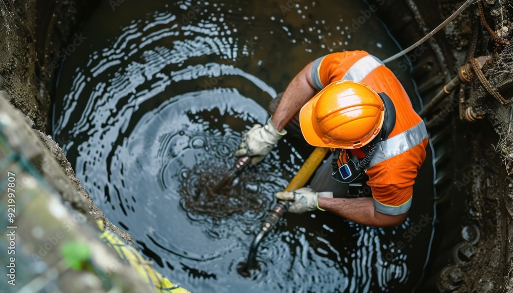Worker using a excavation tool in a muddy well on a construction site ...