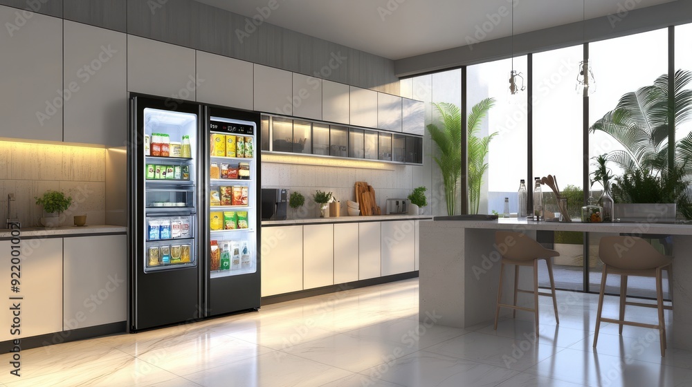 Modern Smart Refrigerator in Kitchen Adjusting Temperatures and ...