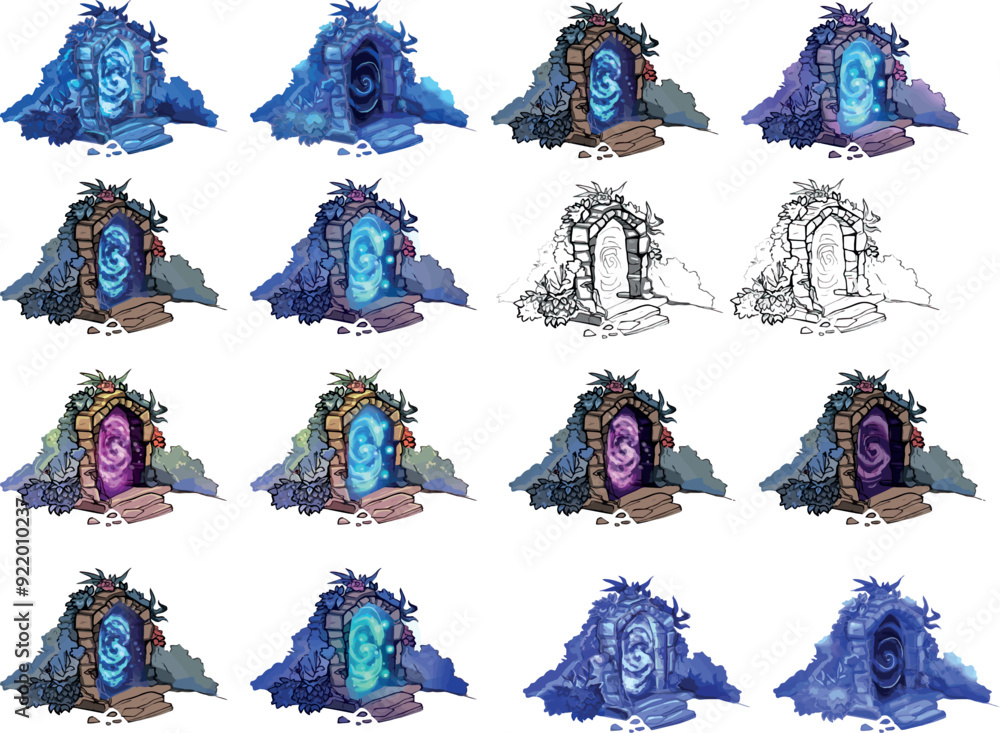 Clip art Game object 2D item Pixel portals set. Magic fantasy glowing ...