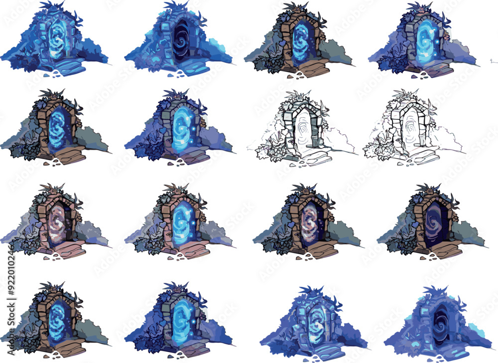 Clip art Game object 2D item Pixel portals set. Magic fantasy glowing ...