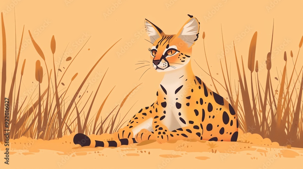 Create a illustration of a Serval cat huntingin a kawaii style ...