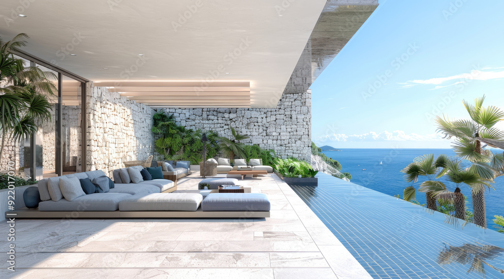 A modern and luxurious terrace with an open pool overlooking the sea ...