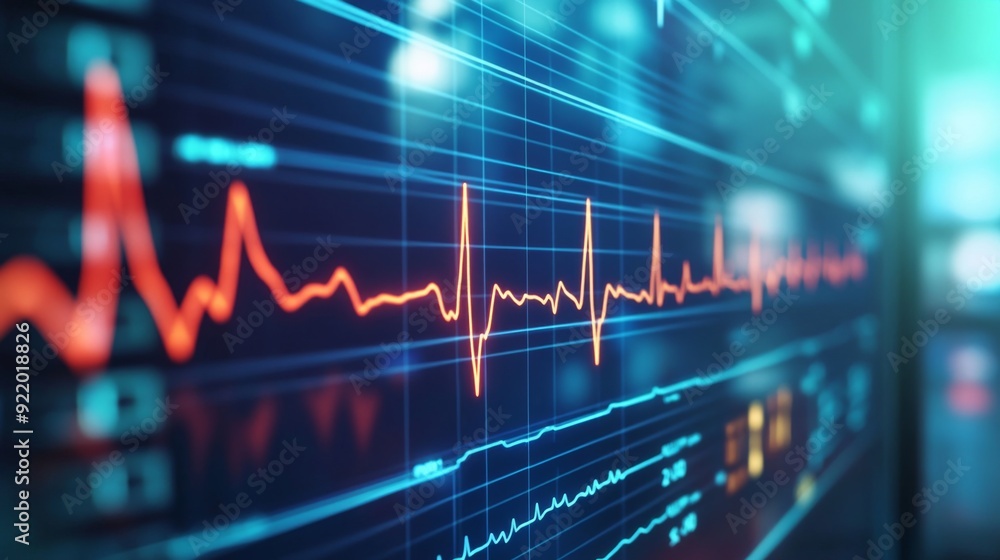 A close-up of an ECG monitor displaying a heartbeat wave, with clear ...