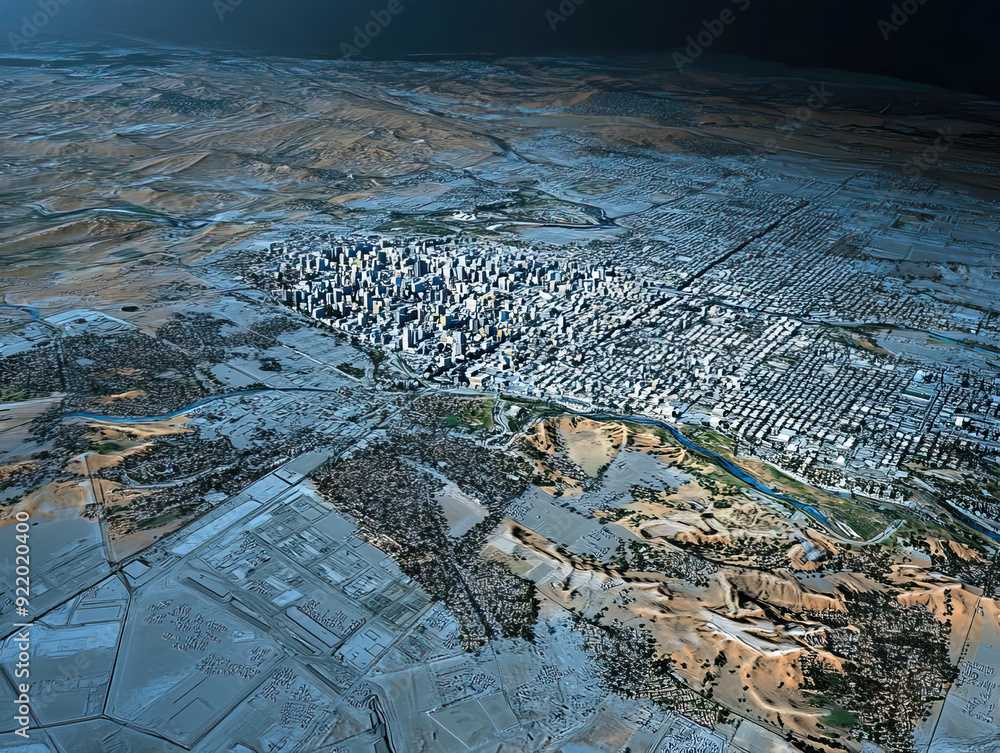 Technical aerial visual, 3D LiDAR GIS aerial map satellite scan model ...