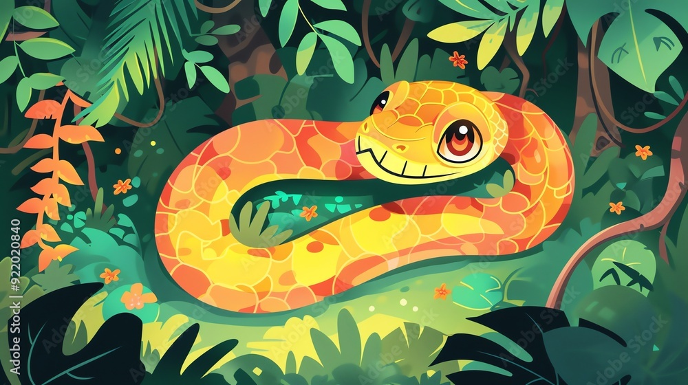 Create a vector illustration of a Giant anaconda slithering through the ...