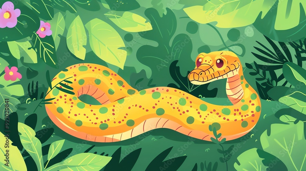 Create a vector illustration of a Giant anaconda slithering through the ...
