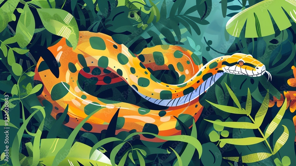 Create a vector illustration of a Giant anaconda slithering through the ...