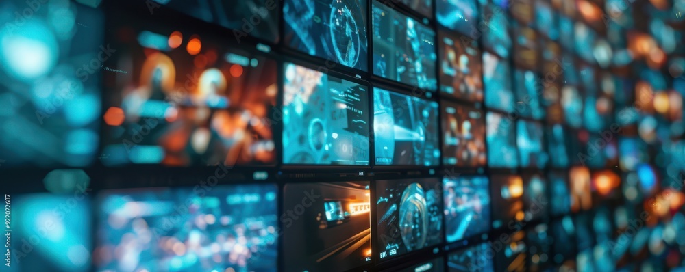 Multiple screens in a broadcast control room displaying various feeds ...