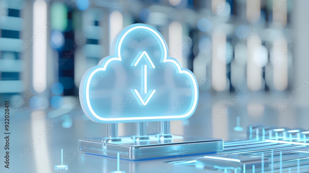 3D render of a glowing cloud icon with double arrows, symbolizing cloud ...