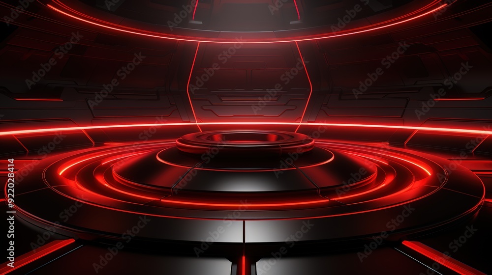 Red neon lights illuminate a futuristic platform. Stock Illustration ...